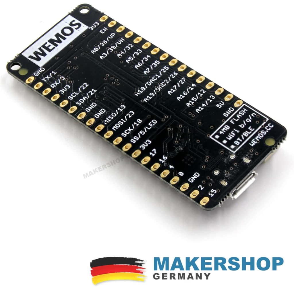 Wemos Lolin32 Arduino ESP32 WLAN Bluetooth BLE 4MB NodeMCU D1 Mini WROOM-32 – MAKERSHOP.DE